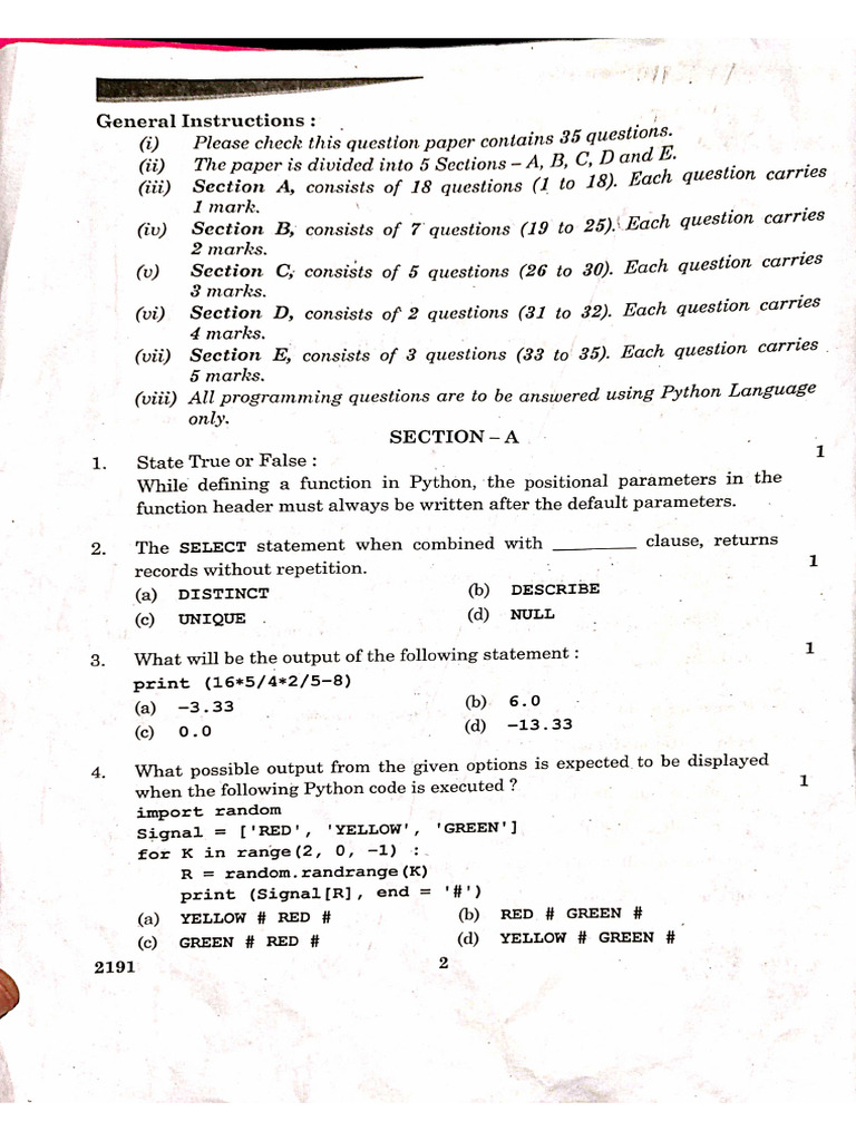 CBSE-2024 BOARD EXAM Question (Computer Science) | PDF