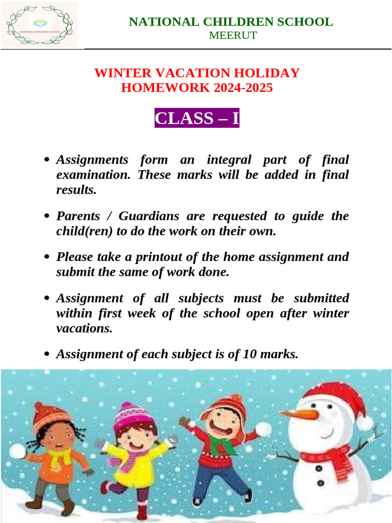 Class-I-Winter-Vacation HHW | PDF