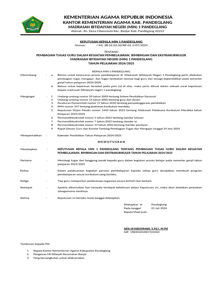 SK Pembagian Tugas Guru 2024/2025 | PDF