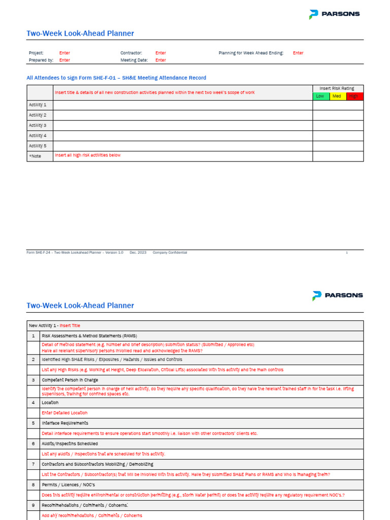Form SHE-F-24 - Two Week Look Ahead Planner | PDF | Occupational Safety ...