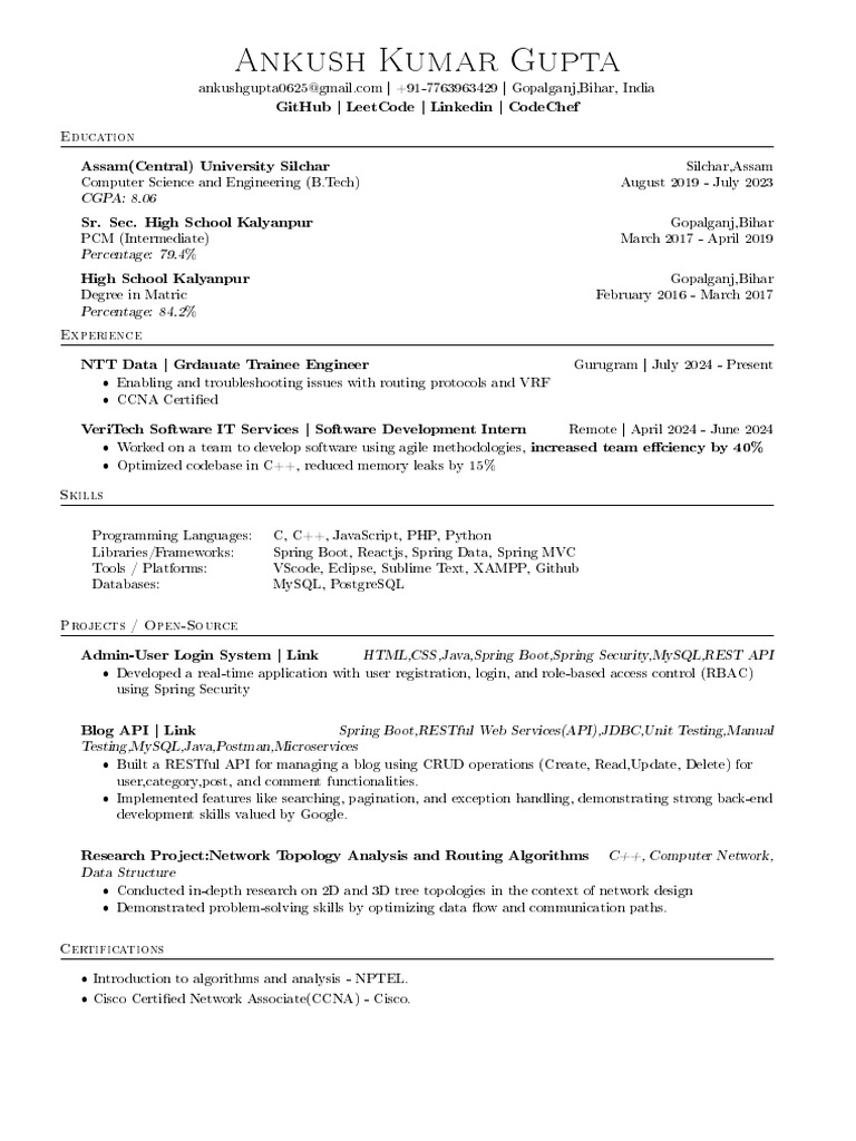 Ankush Gupta: Software Engineer Profile | PDF | My Sql | Cisco Certifications