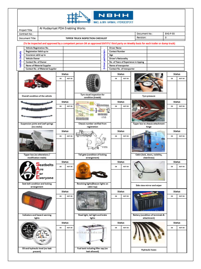 Tipper Truck Inspection Checklist | PDF | Truck | Transport