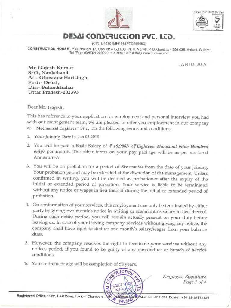 Desai Construction PVT LTD - Appointment LTR PDF | PDF