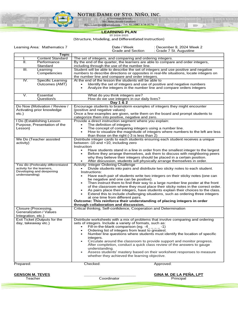 Math 7 3RD Quarter Lesson Plan Week 2 Day 9 - 10 | PDF | Learning | Integer