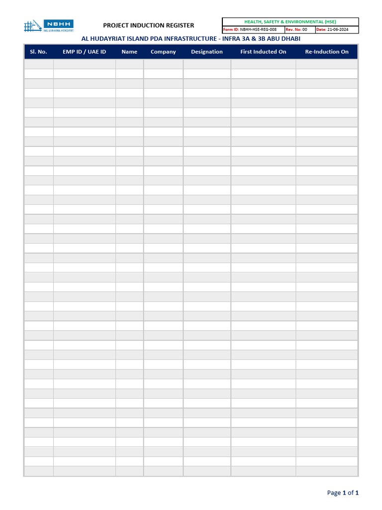 HSE Project Induction Register Abu Dhabi | PDF