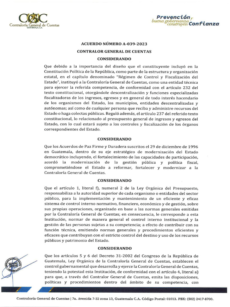 CGC - Acuerdo Interno Numero A-039-2023 Normas Generales y Tecnicas de Control Interno ...