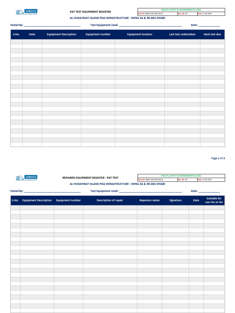 HSE PAT Testing Equipment Register | PDF