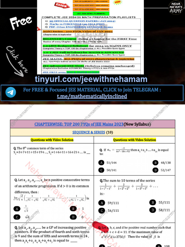 CHAPTERWISE - TOP 200 PYQs of JEE Mains 2023 | PDF | Integral | Equations