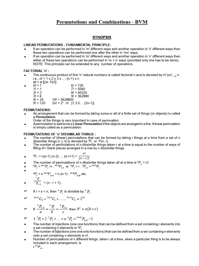 Permutations and Combinations - BVM: Linear Permutations - Fundamental Principle | PDF ...