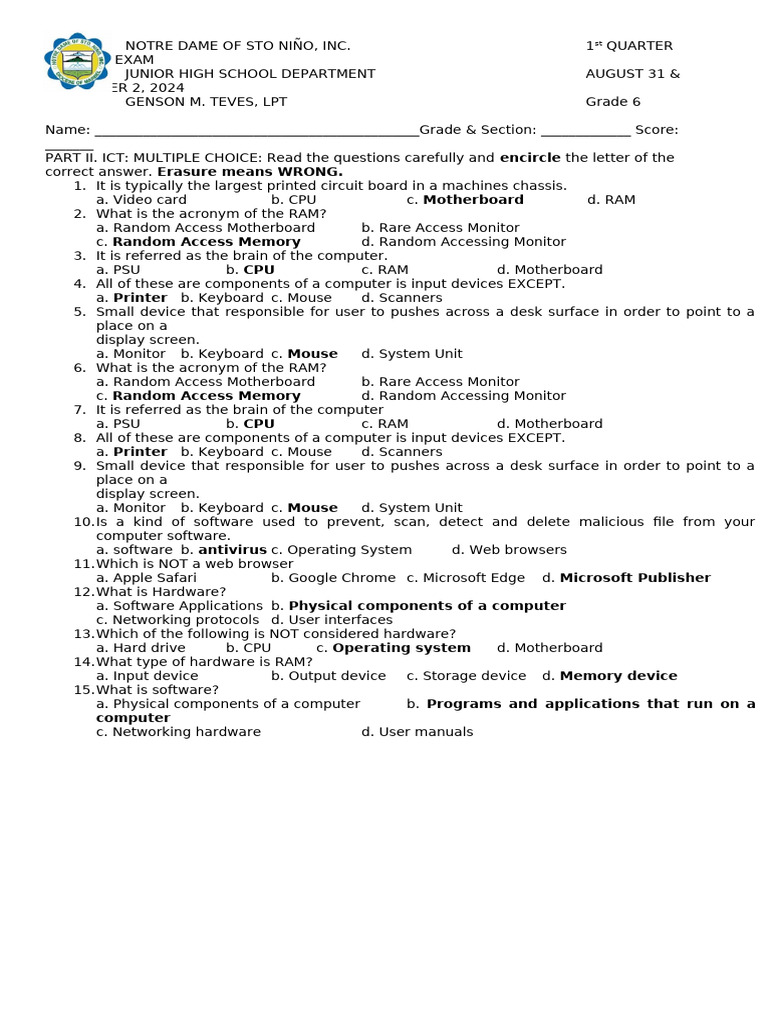Final Examination Grade 4 | PDF | Computer Hardware | Random Access Memory