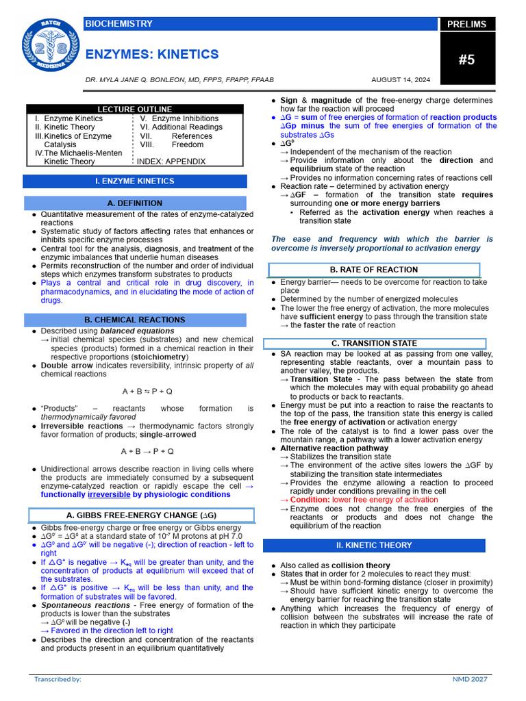BIOCHEM LEC - P5 -ENZYMES_ KINETICS | PDF | Enzyme Inhibitor | Enzyme ...