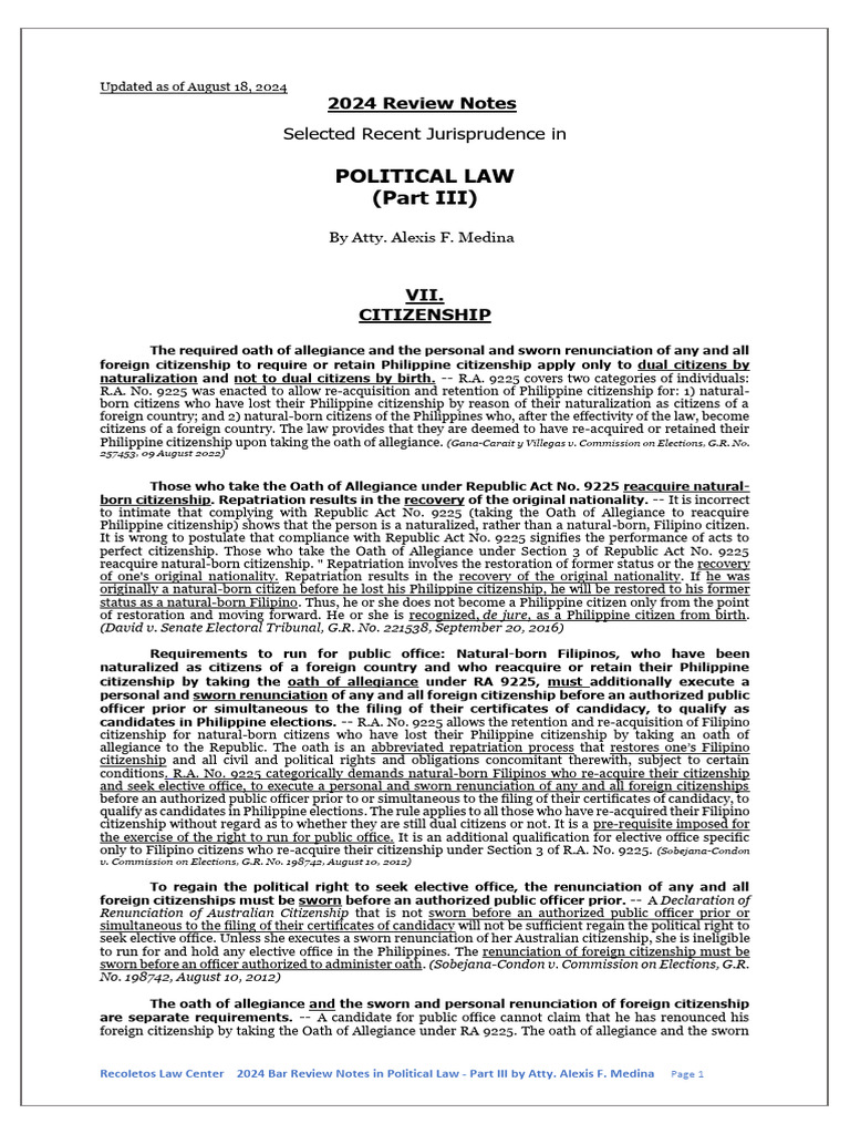 Political Law Reviewer Part III - by Atty. Alexis F. Medina - 2024 ...