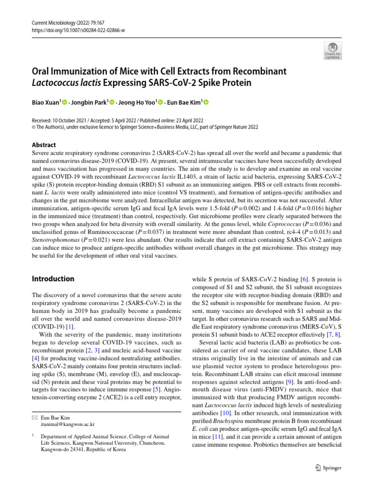 Oral Immunization of Mice With Cell Extracts From Recombinant ...