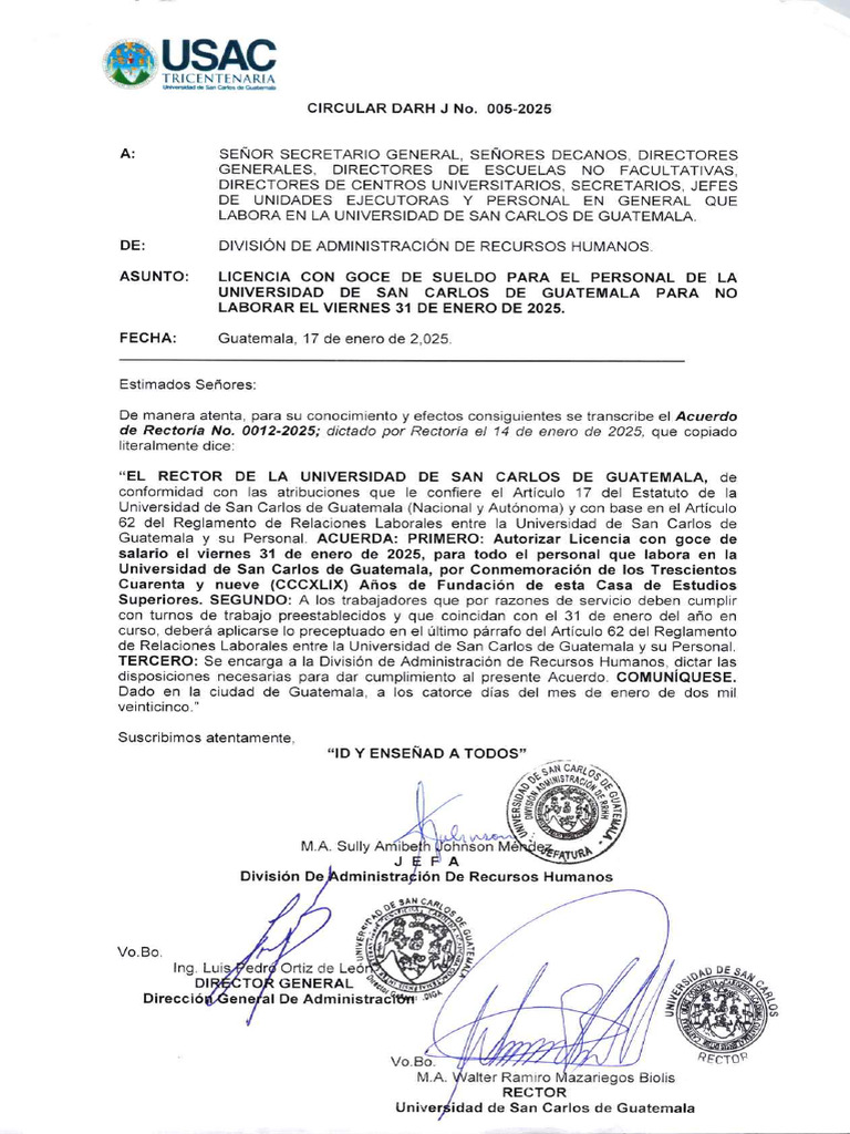 CIRCULAR DARH J No. 005-2025, Autoriza Licencia Con Goce de Salario Por ...