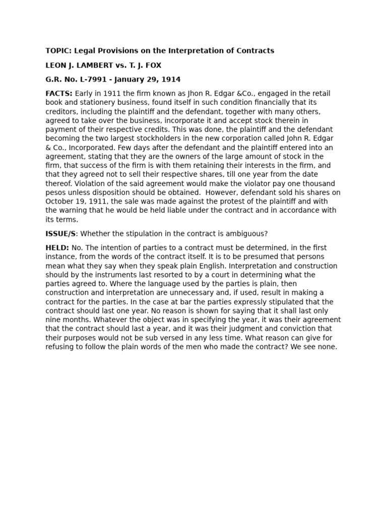 Contract Interpretation in Lambert v. Fox | PDF