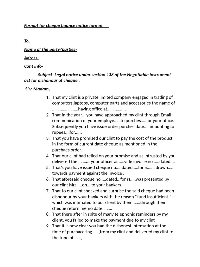 Format For Cheque Bounce Notice Format | PDF | Cheque | Justice