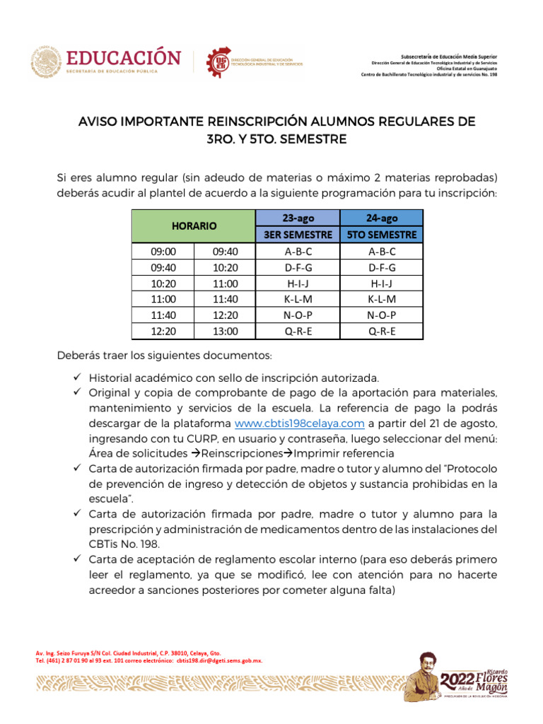 Reinscripción CBTis 198 Celaya 2023 | PDF