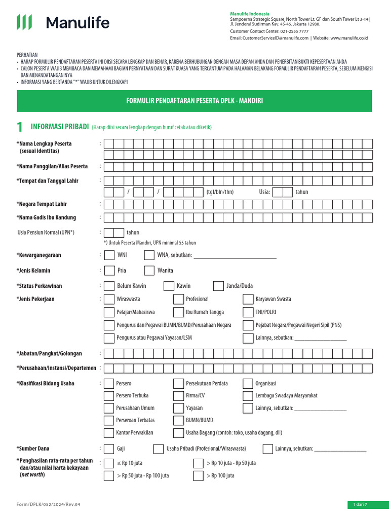 Formulir Pendaftaran DPLK Mandiri | PDF