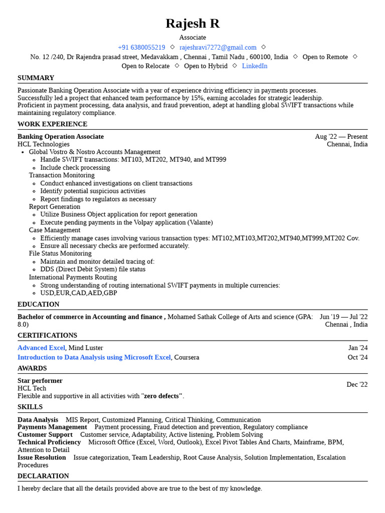Banking Operations Associate Resume | PDF | Microsoft Excel | Banks