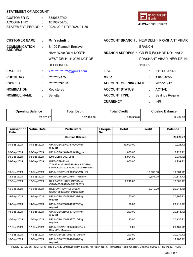 IDFC Bank Customer Account Statement | PDF | Personal Identification ...