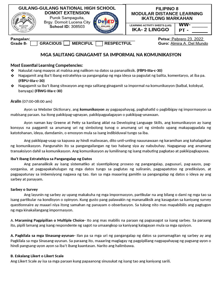 Las Filipino 8 W2 Q3 | PDF