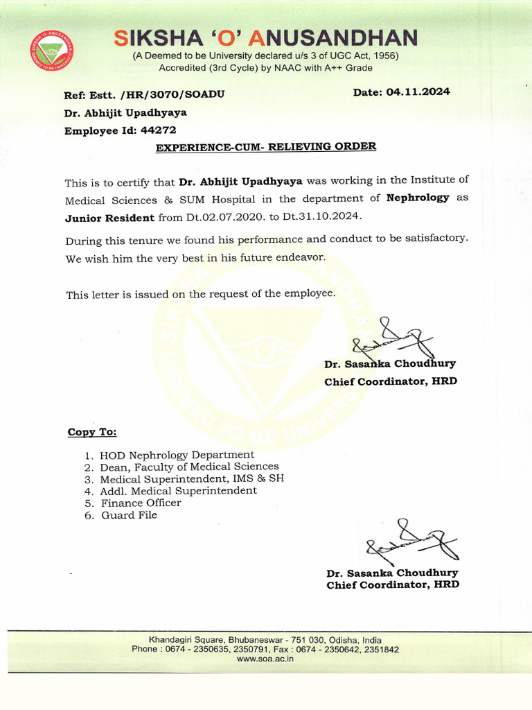 Relieving and Experience Order of Dr. Abhijit Upadhyaya - Junior ...