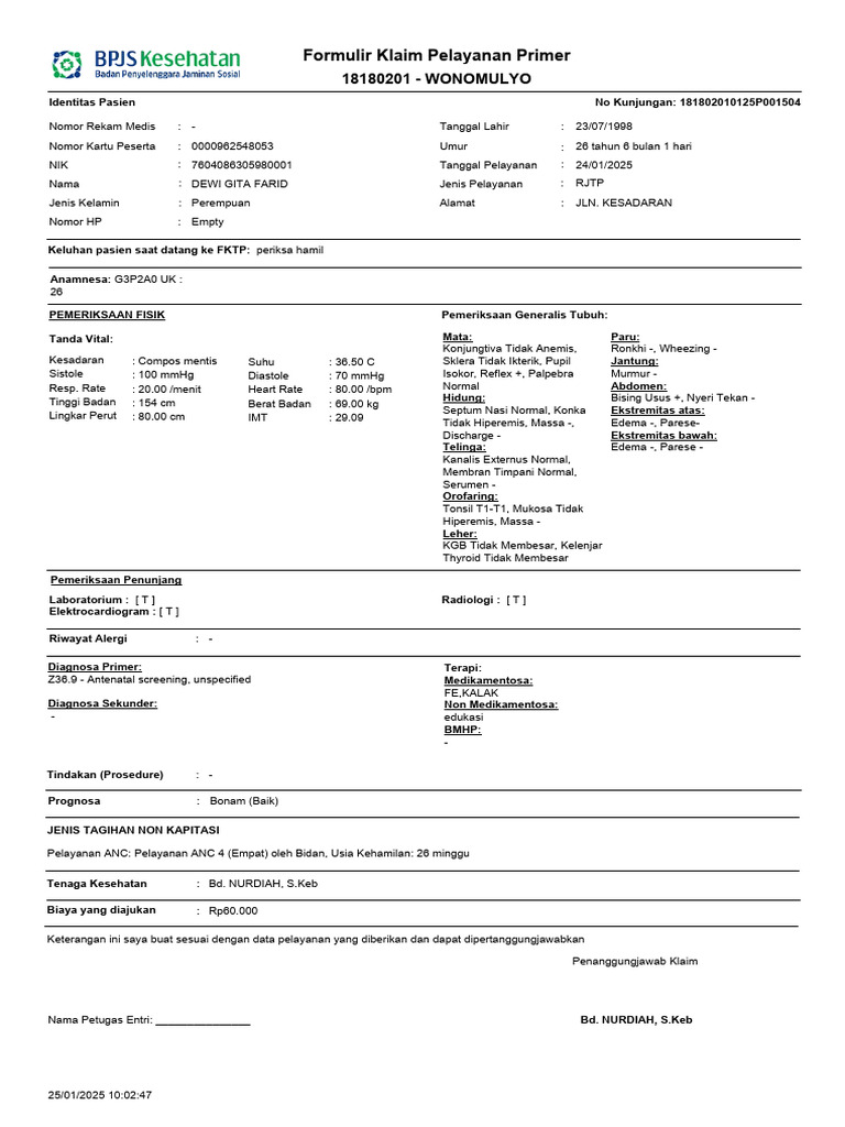 Formulir Klaim Pelayanan ANC 26 Minggu | PDF