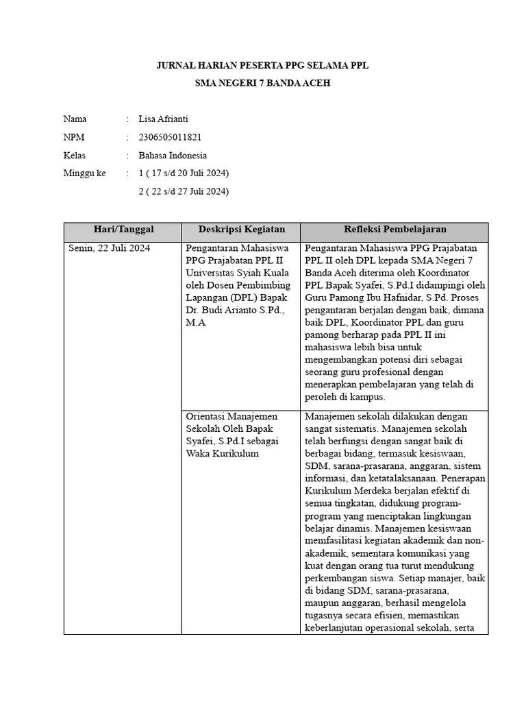 Jurnal Harian PPL2 Orientasi Dan Observasi Lisa Afrianti | PDF