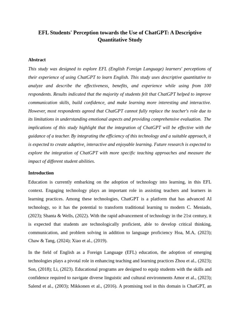 EFL Students' Perception Towards The Use of ChatGPT A Descriptive Quantitative Study | PDF ...