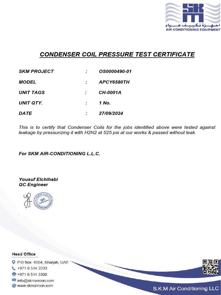 Condenser and Motor Test Certificates | PDF | Air Conditioning | Leak