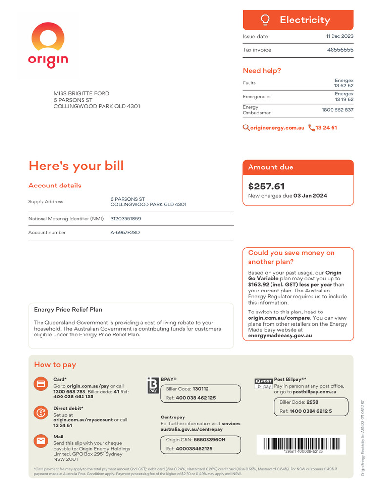 Origin Electricity Bill | PDF | Cost Of Living | Payments