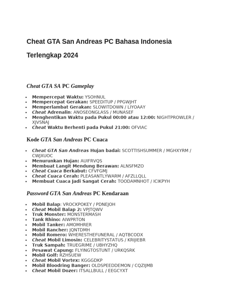 Cheat GTA San Andreas PC Bahasa Indonesia Terlengkap 2024 | PDF