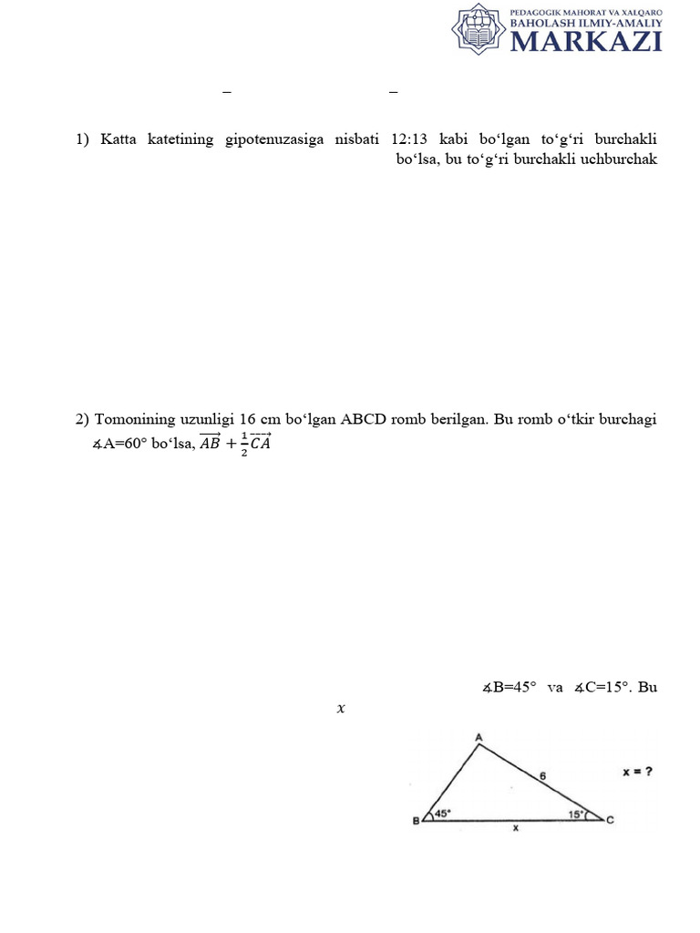 10 Sinf I Chorak BSB-1 Geometriya Ixtisos I Variant | PDF