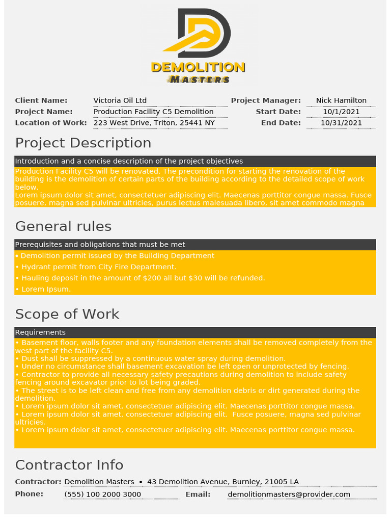 Demolition Scope of Work Template | PDF