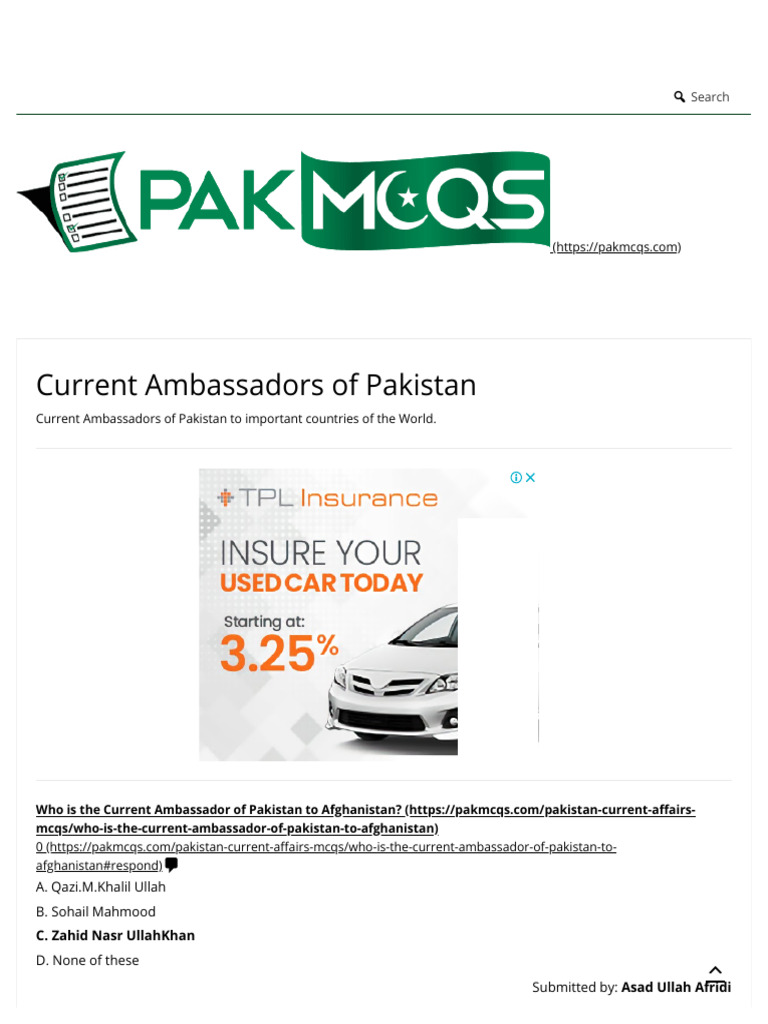 Current Ambassadors of Pakistan Mcqs for Preparation - PakMcqs (2)-2 | PDF