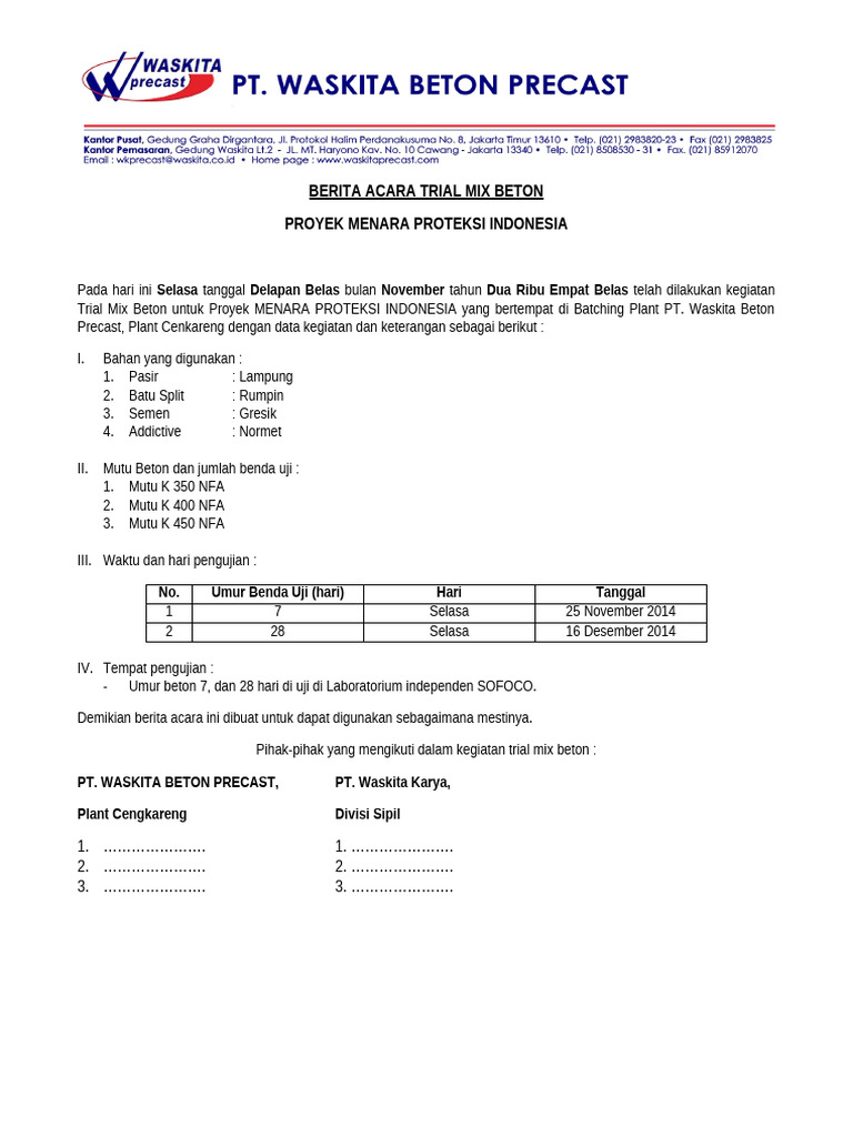 Berita Acara Trial Mix Beton Depok Antasari | PDF