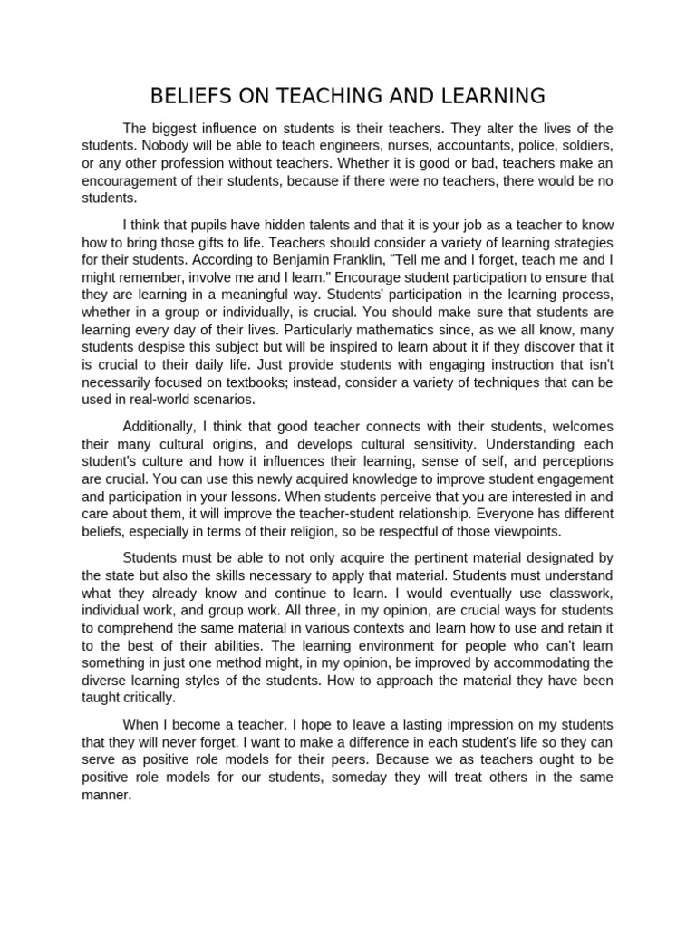 Teaching Beliefs and Student Impact | PDF | Teachers | Learning