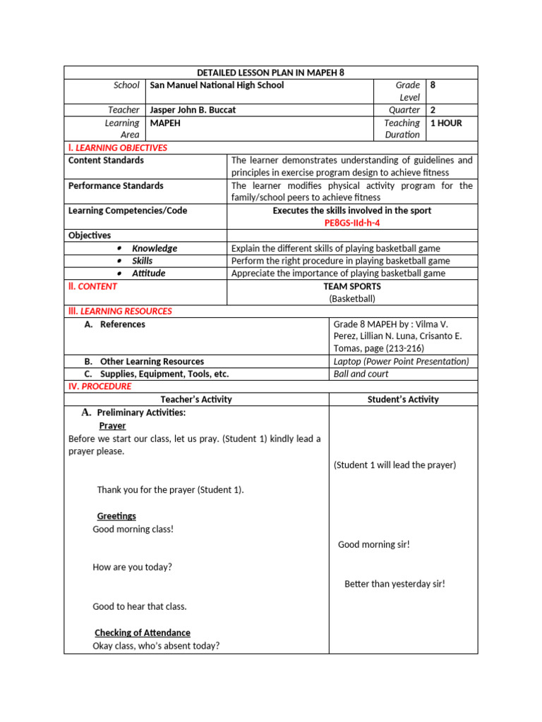 MAPEH 8 Basketball Lesson Plan | PDF