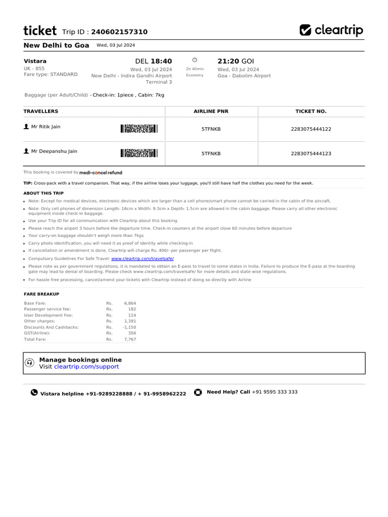 Cleartrip Flight E-Ticket-2 | PDF | Baggage | Transport