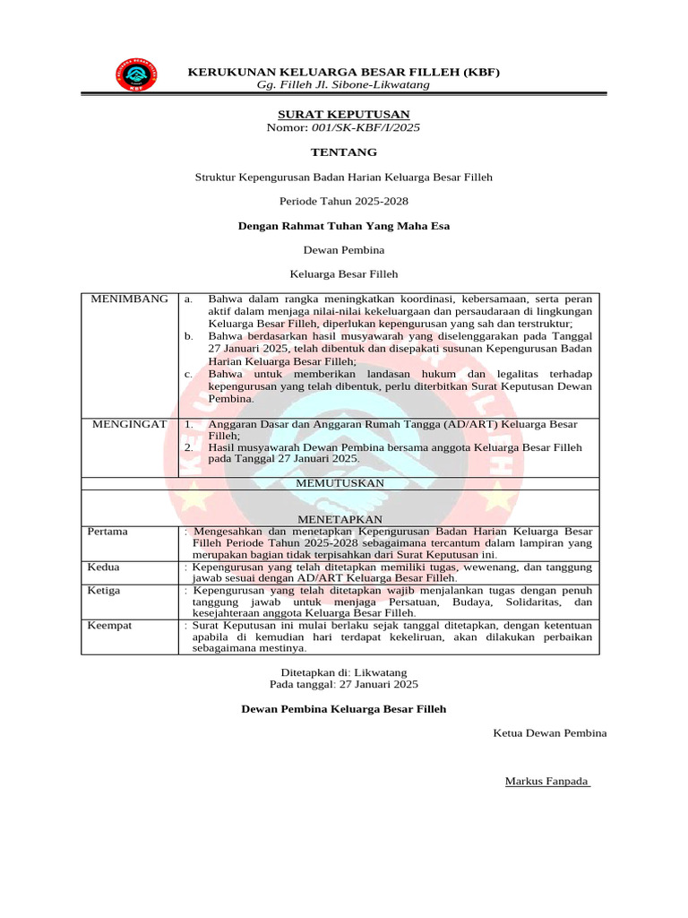 SK Kerukunan Keluarga Besar Filleh (KBF) | PDF