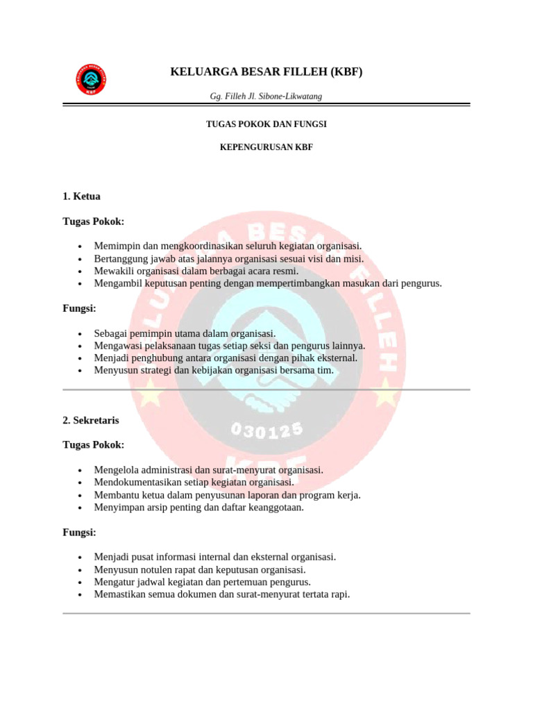 TUGAS POKOK Dan FUNGSI KBF | PDF