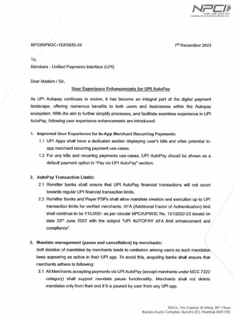 UPI OC 182 User Experience Enhancement For UPI AutoPay | PDF