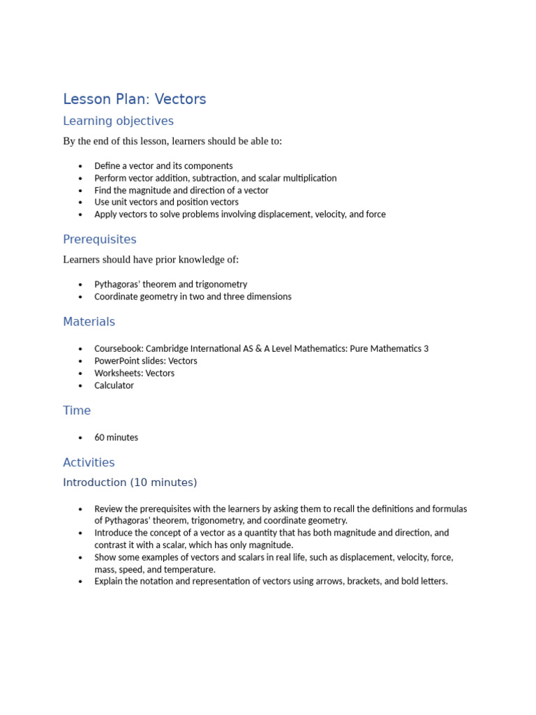 lesson plan vectors | PDF | Euclidean Vector | Abstract Algebra
