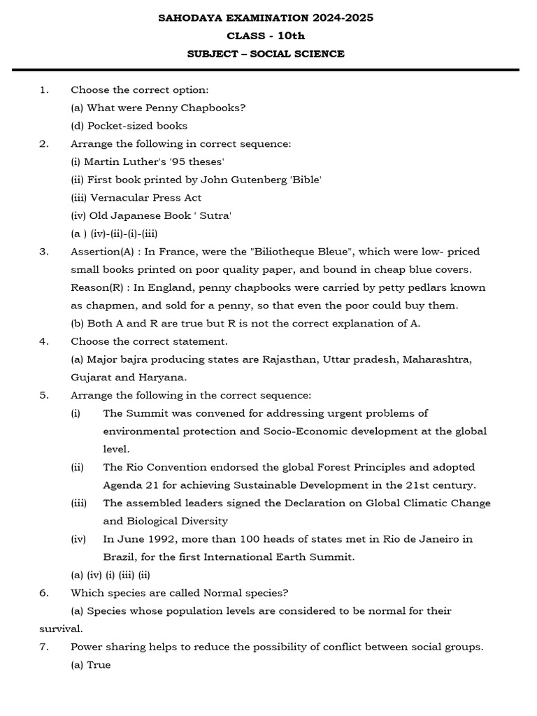 SAHODAYA Class 10 Social Science Exam 2024-25 | PDF | Loans | Rock ...
