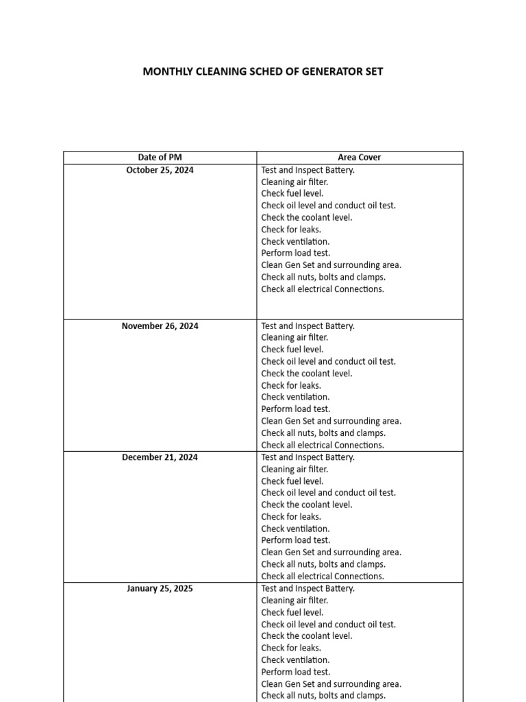 Monthly Generator Maintenance Schedule | PDF | Oil