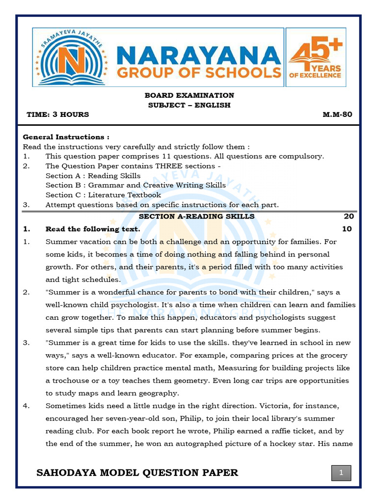 CBSE_X_ENGLISH_SAHODAYA MODEL QUESTION PAPER_SET-1_QP | PDF | Literacy