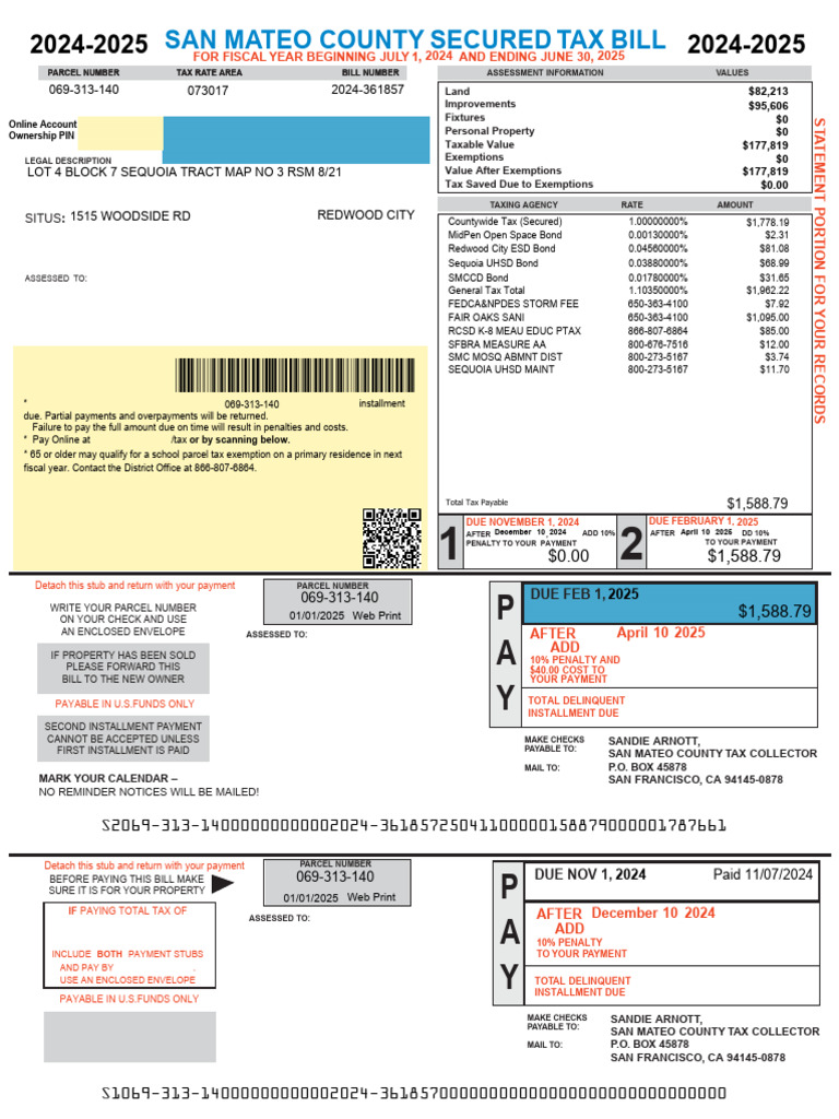 San Mateo Property Tax 069 313 140 2024 Secured Bill | PDF | Taxes | Money
