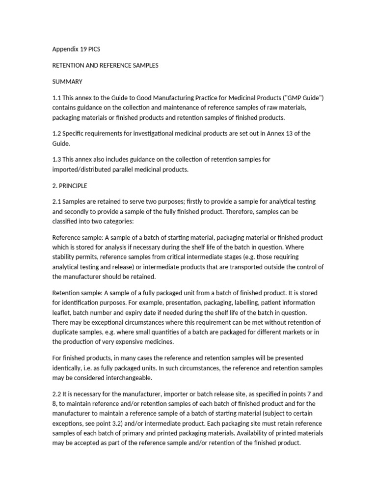 Annex 19: Reference & Retention Samples | PDF