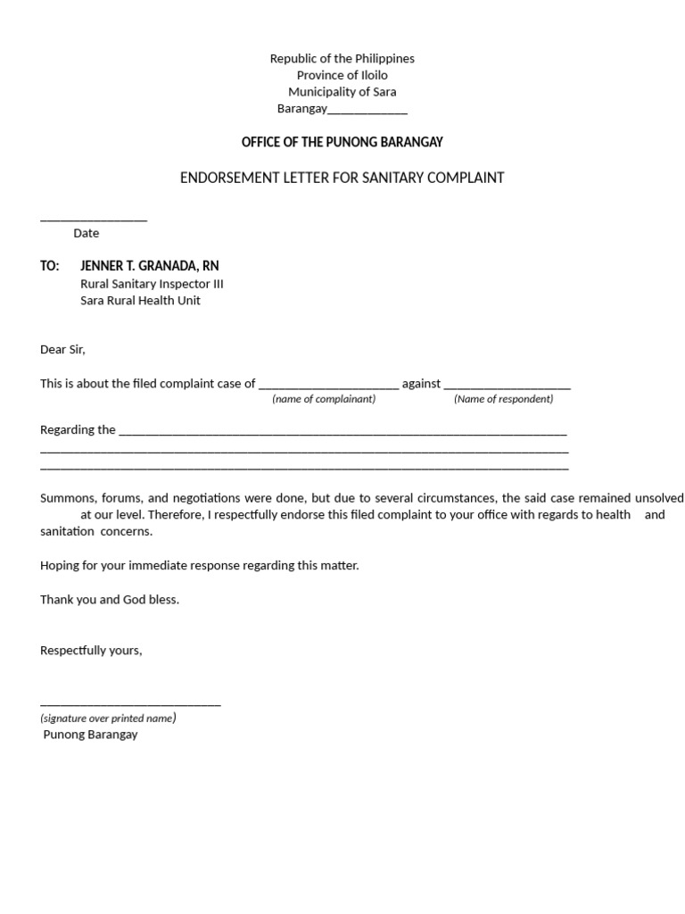 Brgy Sanitary Complaint Endorsement | PDF