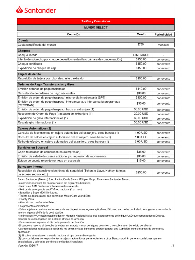 Comisiones y Tarifas de Santander | PDF | Bancos | Cheque